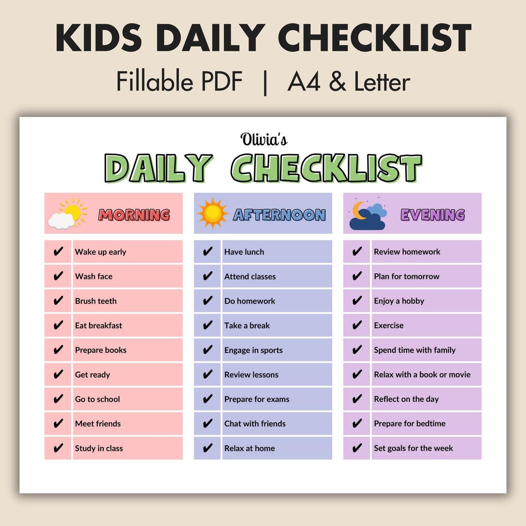 Daily Checklist for Kids, Kids Responsibility Chart, to Do List, Daily ...