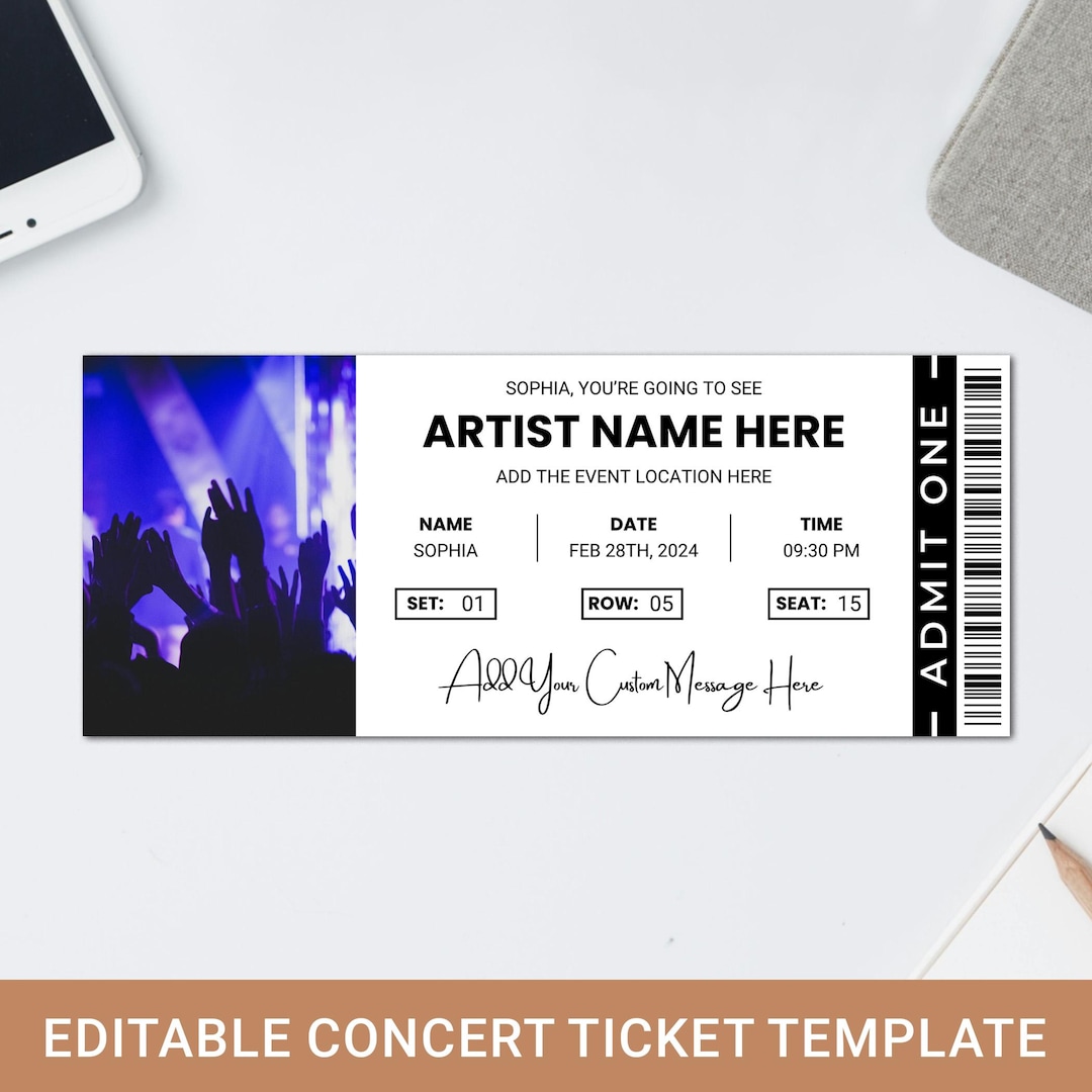 Concert Ticket Template, Custom Event Ticket, Gift Idea, DIY, Editable ...