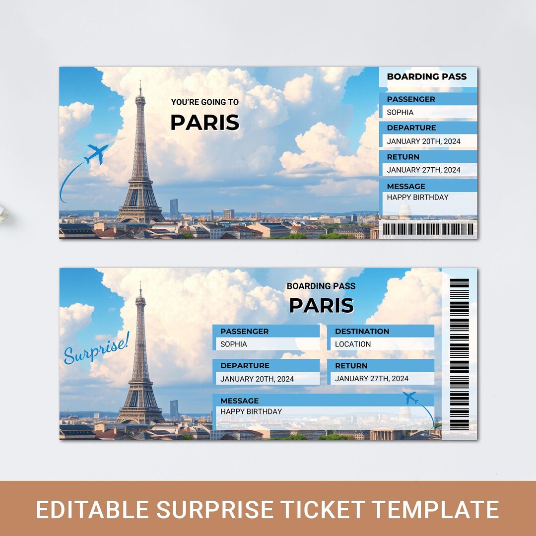 Paris Surprise Trip Ticket: Editable Boarding Pass (digital Download ...