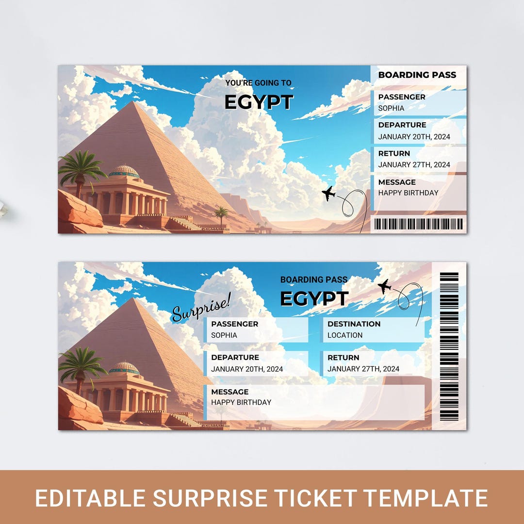 Surprise Trip Ticket, Egypt Printable Boarding Pass, Fake Airline Ticket, Vacation Ticket ...