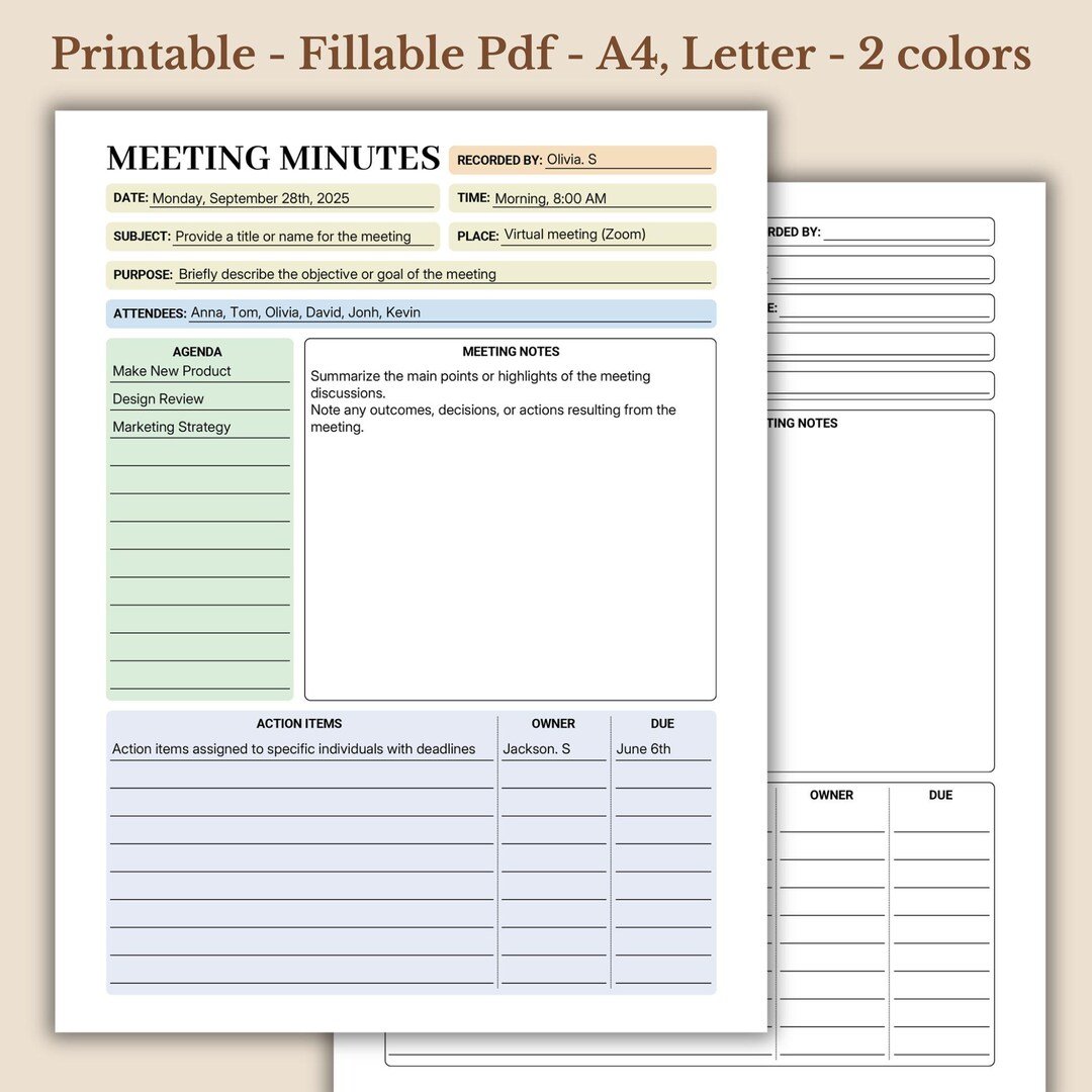 Meeting Minutes Template: Printable Fillable PDF (a4/letter) - Etsy