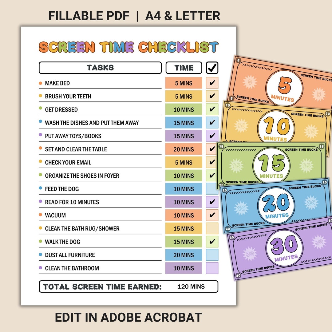 Screen Time Checklist, How to Earn Screen Time, Screen Time Bucks, Kids ...