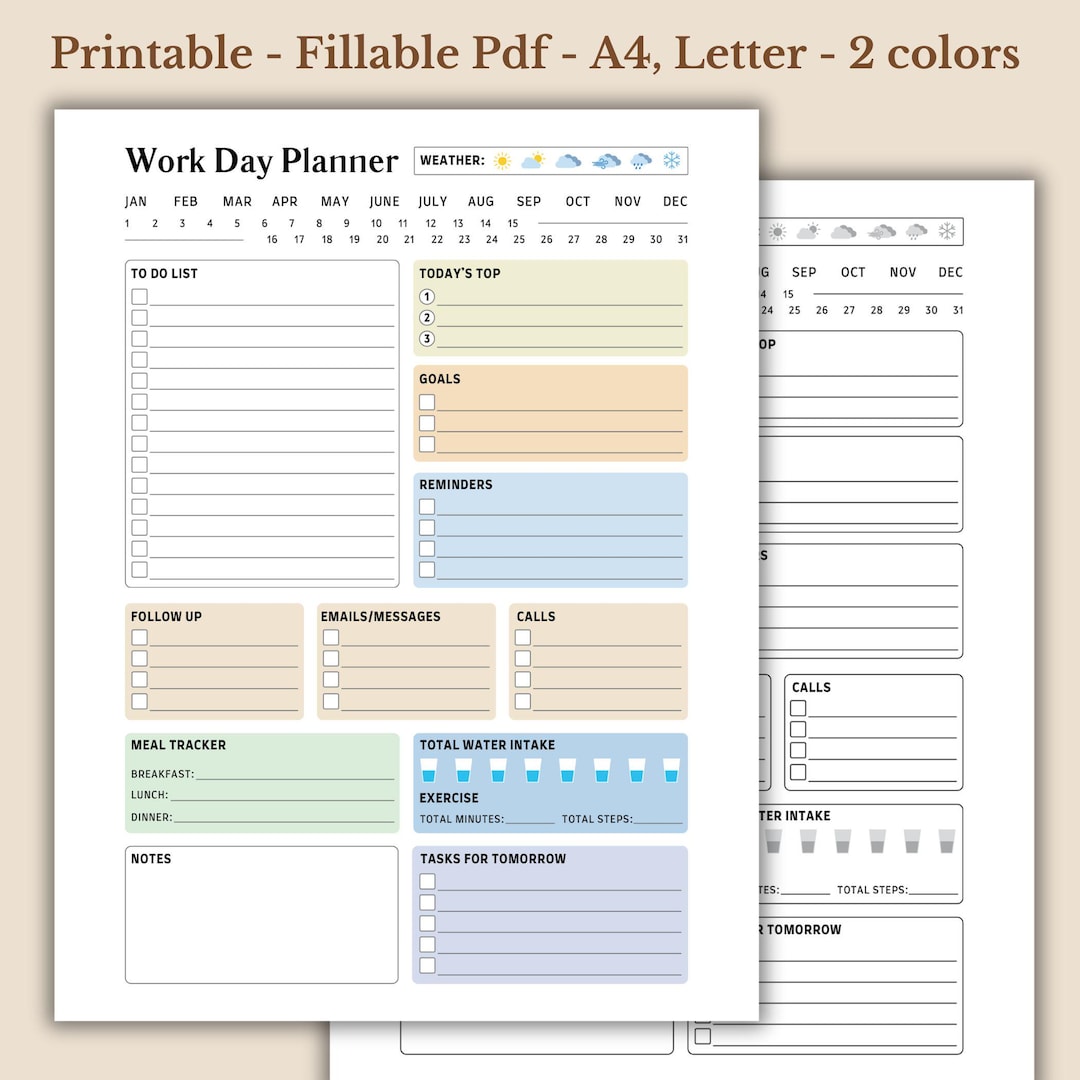 Work Day Planner, Printable To-do List, Fillable PDF, A4 Letter - Etsy