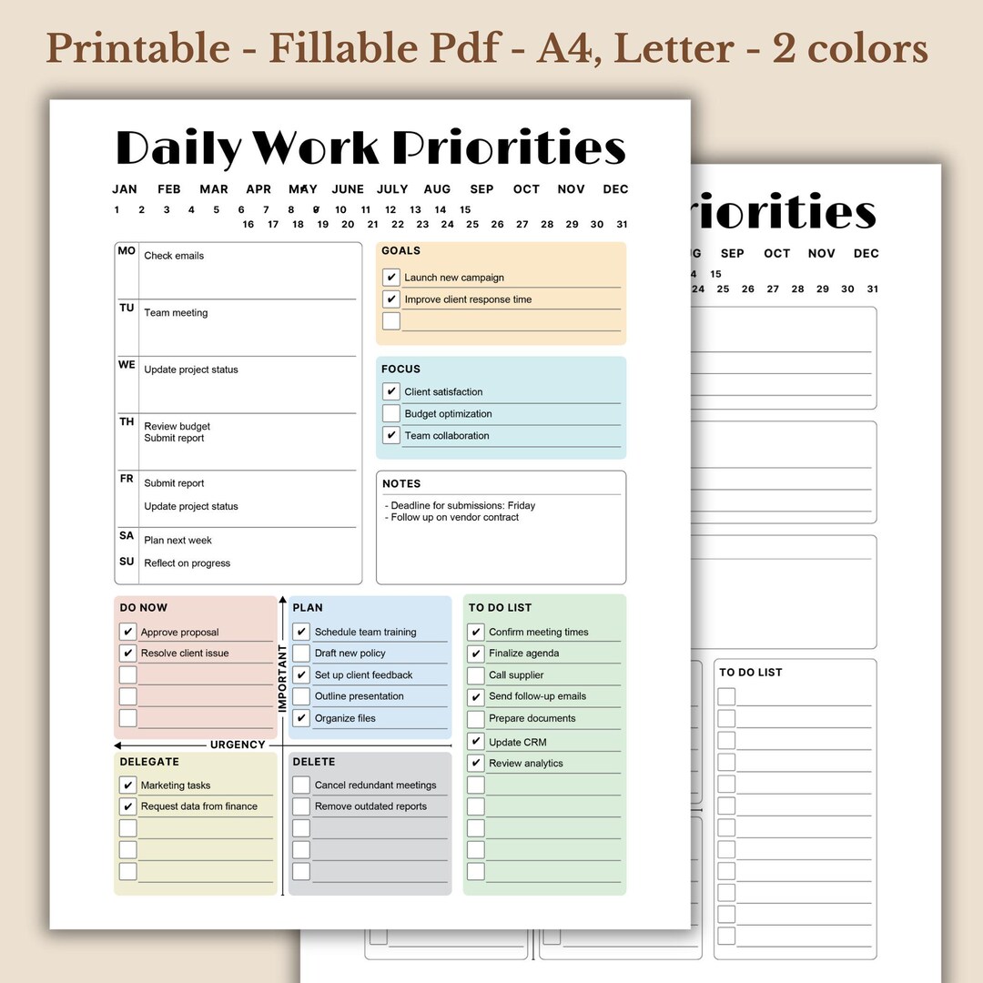 Daily Work Priorities Planner: Fillable PDF, A4 & Letter - Etsy