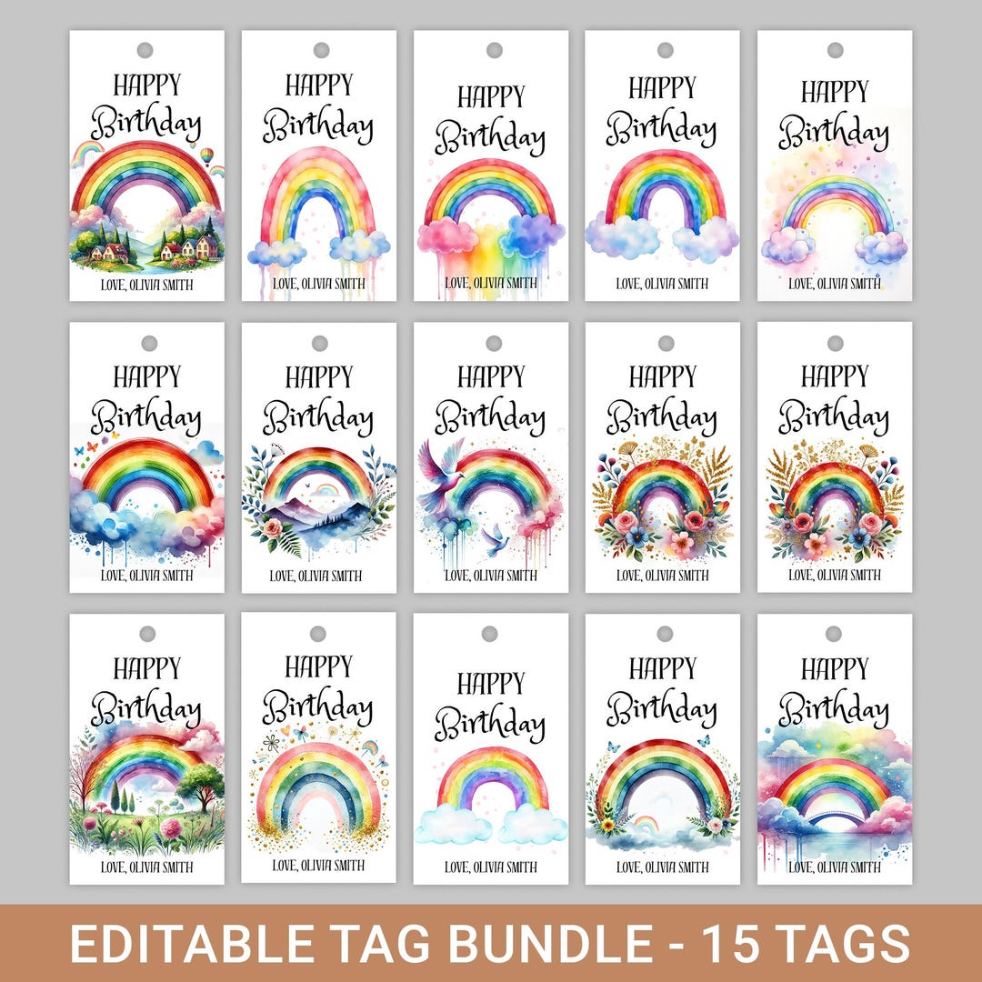 Watercolor Rainbow Happy Birthday Gift Tag Bundle, Editable Colorful ...