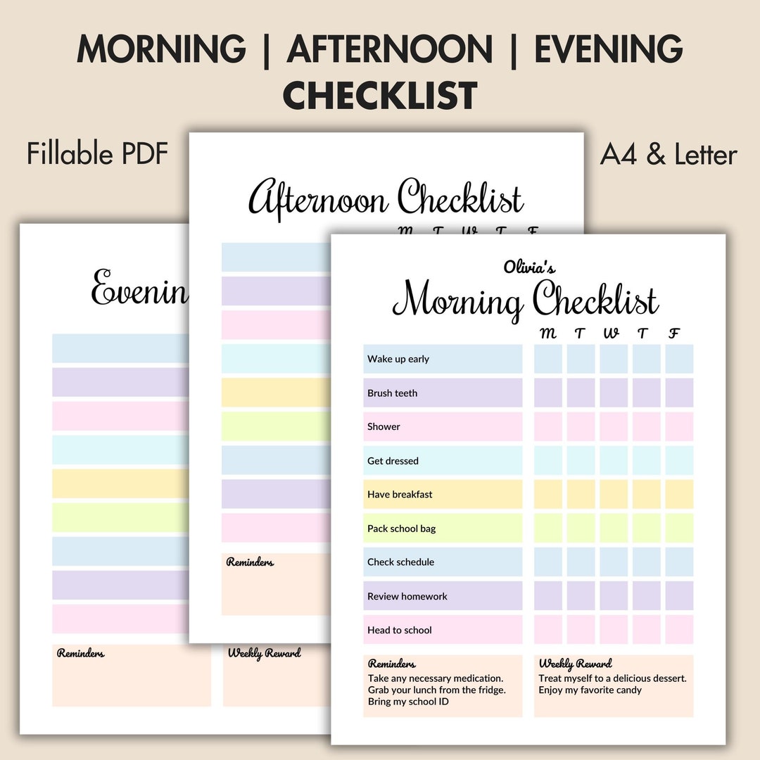 Morning Checklist, Afternoon Checklist, Evening Checklist, Daily ...