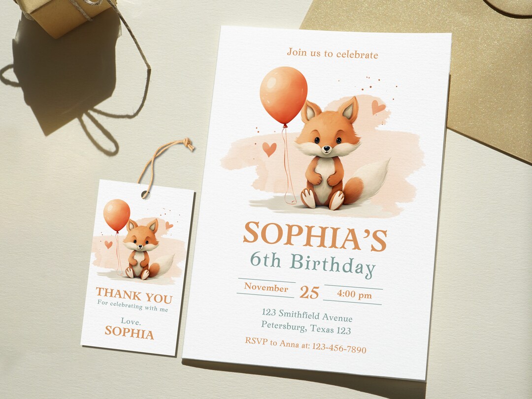 Fox Birthday Invitation, Minimalist Fox Birthday Party Invite, Editable ...