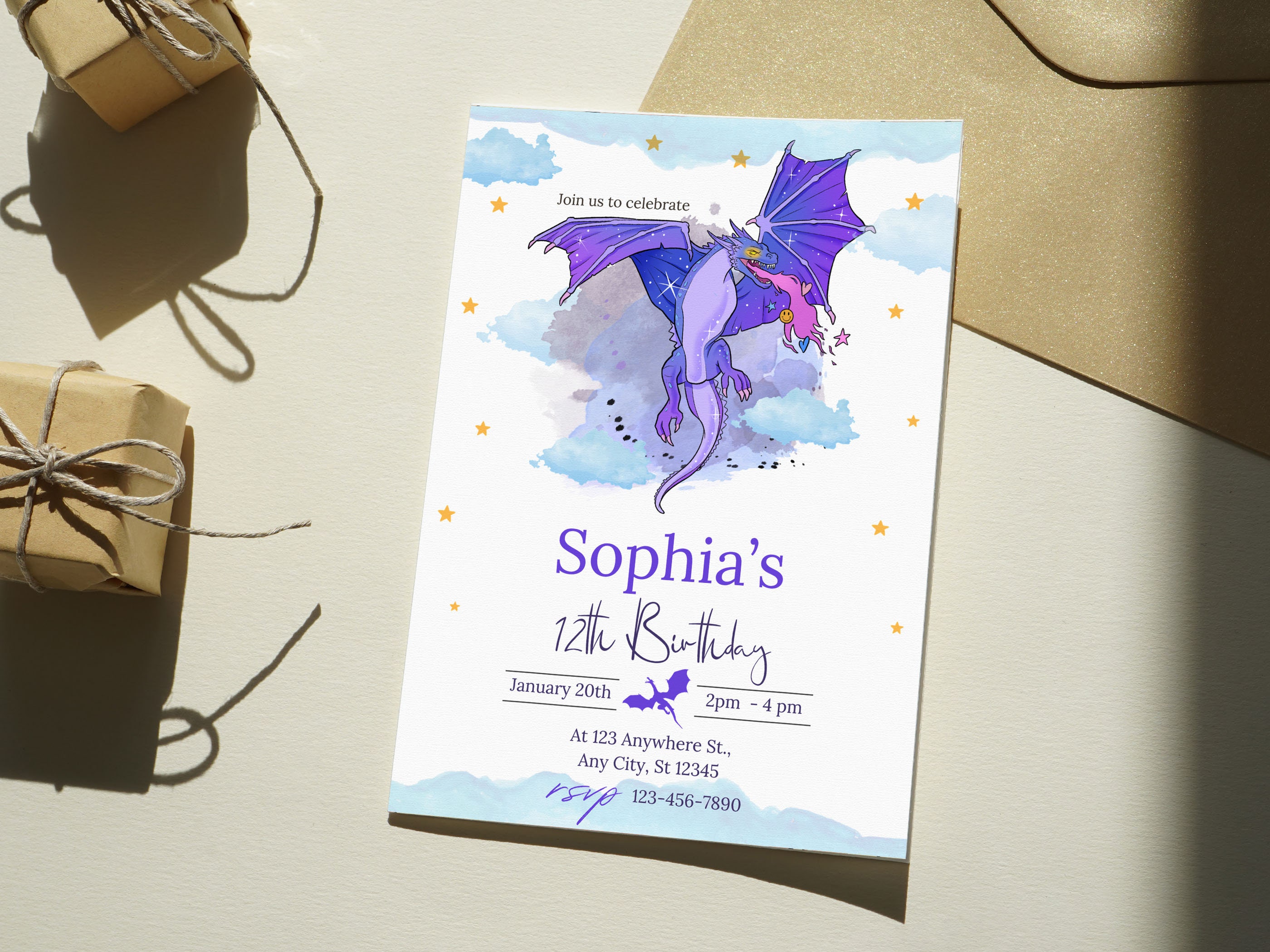 Dragon Birthday Invitation, Purple Dragon Invitation Template, Editable ...