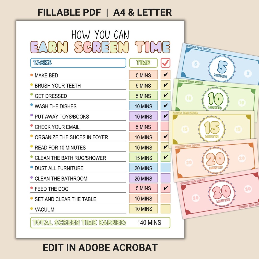 Screen Time Checklist, How to Earn Screen Time Chart, Screen Time Bucks ...