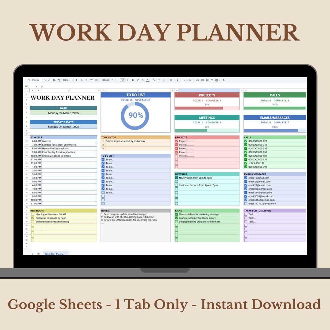 Work Day Planner Template, Google Sheets Spreadsheets, Business ...