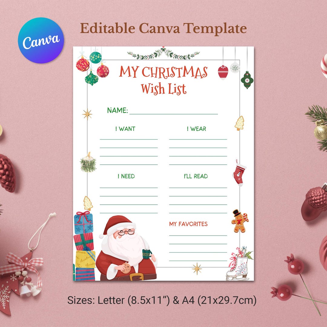 Printable Christmas Wish List Template: Editable Letter & A4 (canva ...