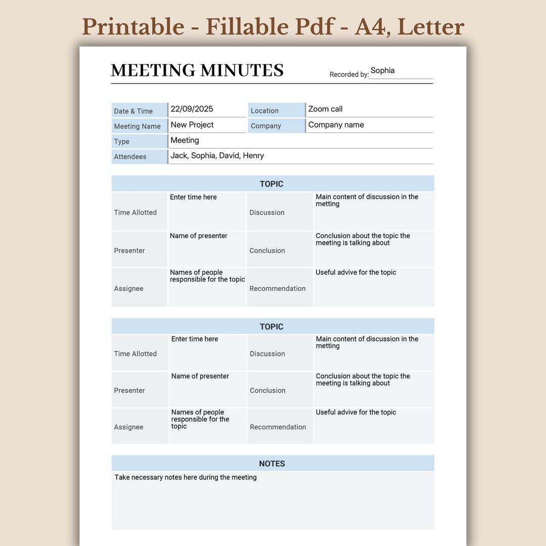 Meeting Minutes Template: Printable Fillable PDF (A4, Letter) - Etsy