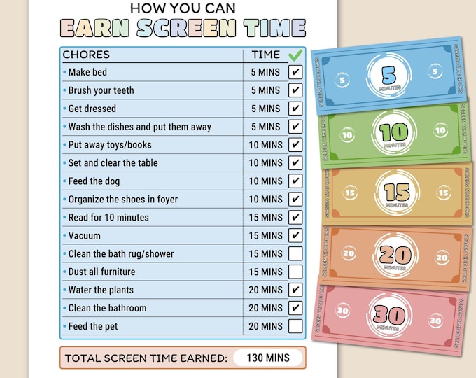Editable Screen Time Chart, Printable Screen Reward Bucks, Reward Chart ...