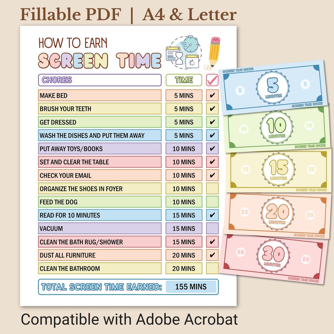 Screen Time Checklist, Kids Chore Chart, Reward Bucks, Fillable PDF, A4 ...