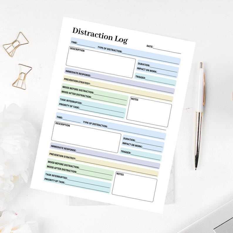 Distraction Log, Attention Tracker Printable, Focus Disruption Record ...