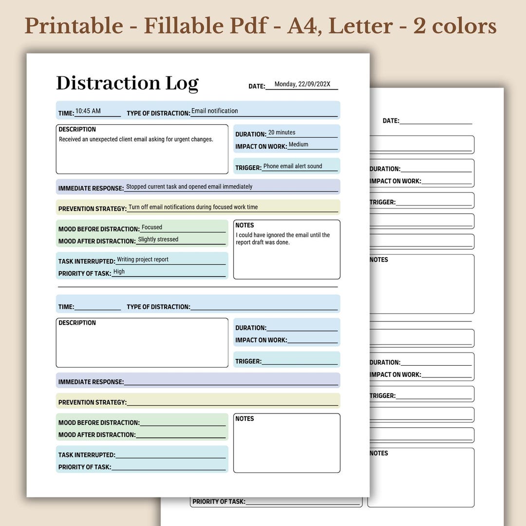 Distraction Log, Attention Tracker Printable, Focus Disruption Record ...