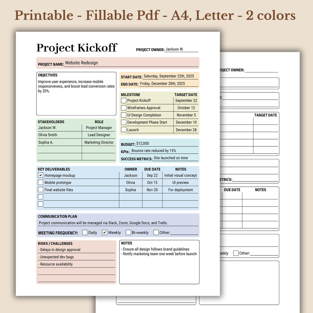 Project Kickoff Form: Fillable PDF, Stakeholder Management (instant ...