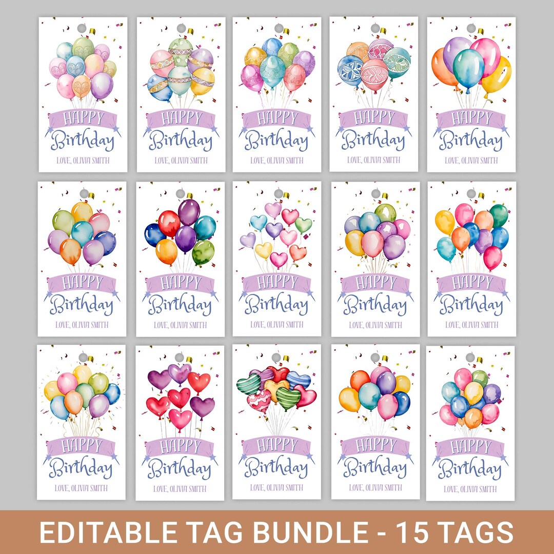 Balloons Happy Birthday Gift Tag Bundle: Editable Printable (PDF) - Etsy