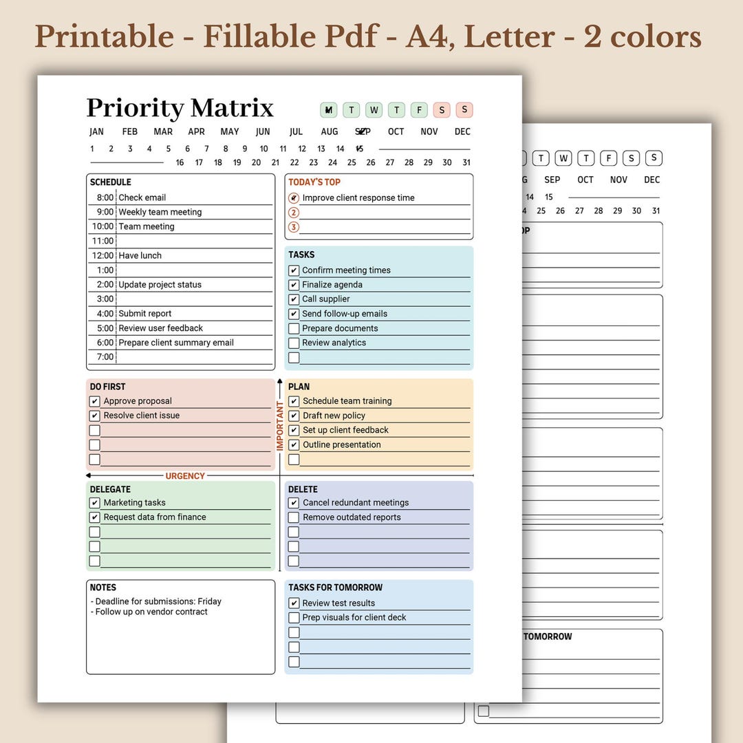 Priority Matrix Planner, Daily Schedule, Work Organizer, Fillable PDF ...