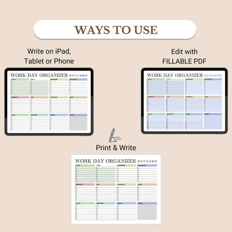 Work Day Organizer, Daily Planner, to Do Checklist, Printable Fillable ...