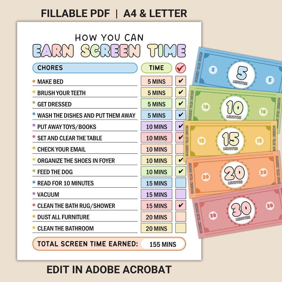 Earn Screen Time, to Do Checklist, Kids Chore Chart, Reward Bucks ...