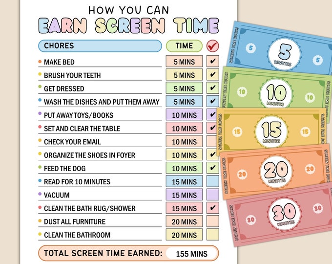 Editable Screen Time Chart, Printable Screen Reward Bucks, Reward Chart ...