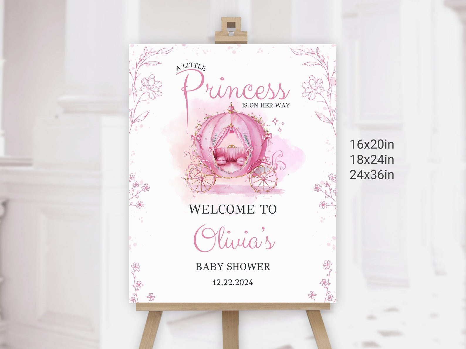 Princess Baby Shower Welcome Sign, Editable Pink Princess Carriage ...