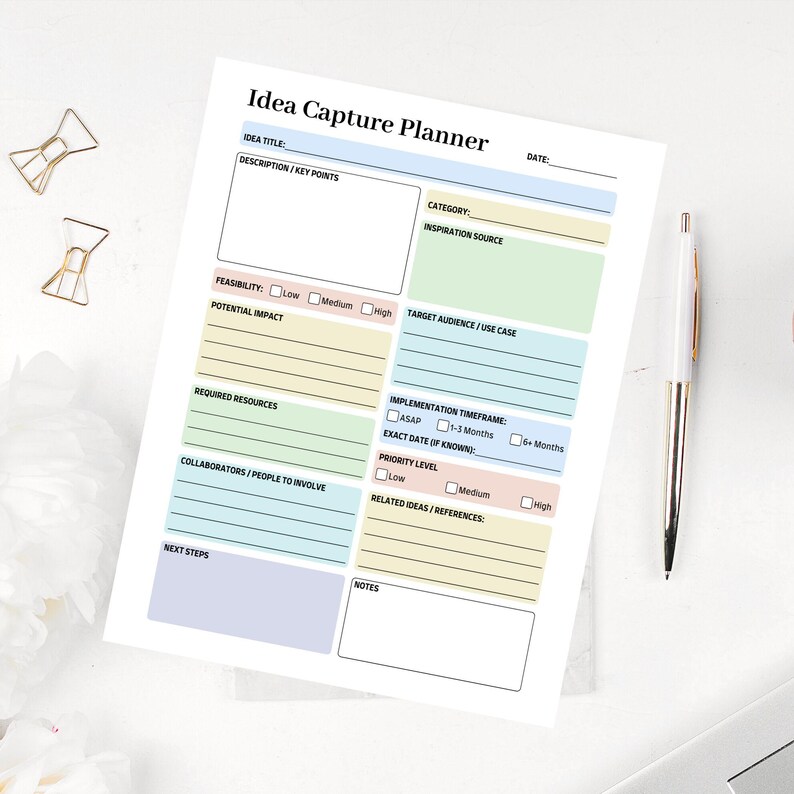 Idea Capture Planner, Project Idea, Inspiration Log, Concept Notes ...