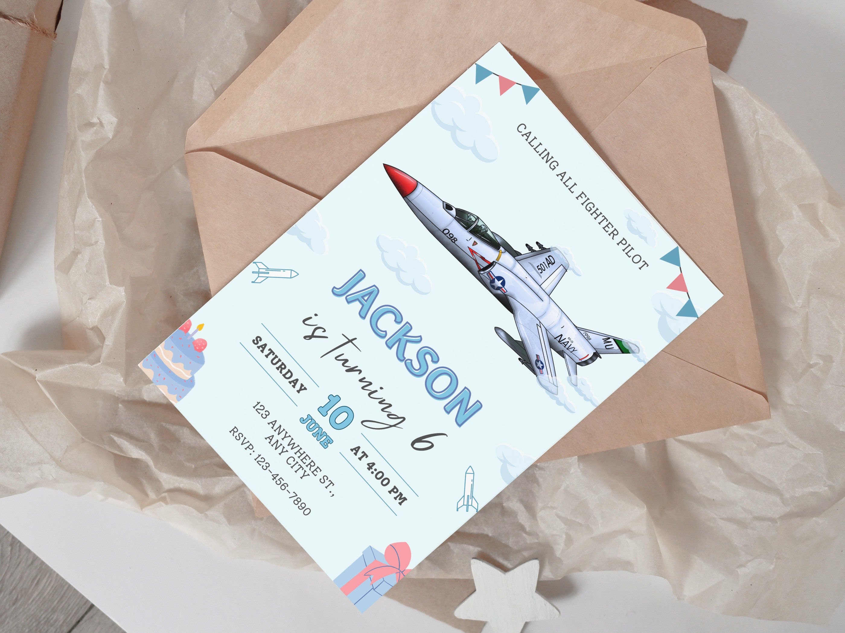 Editable Fighter Pilot Birthday Invitation, Fighter Jet Invitation ...
