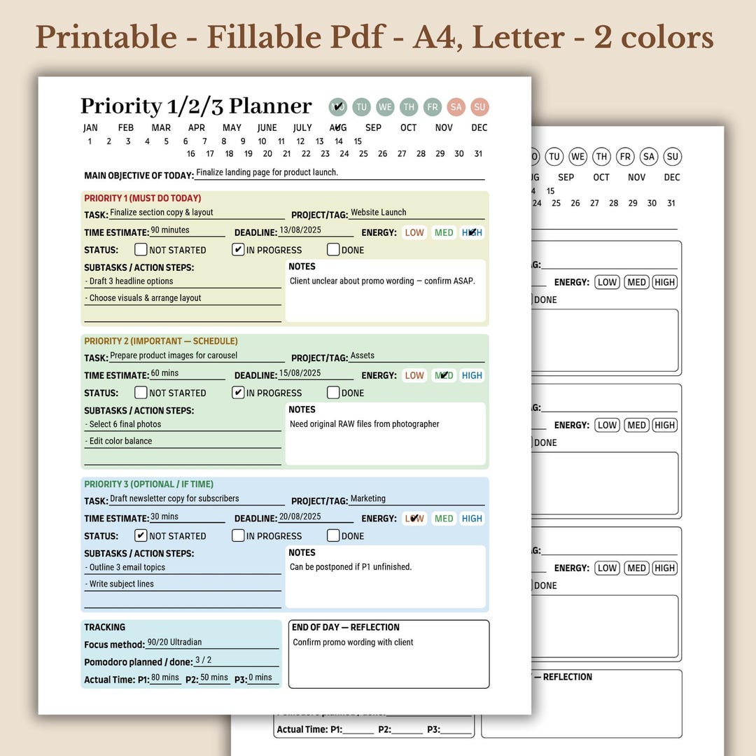 Priority 1-2-3 Planner, Tasks for Daily Focus, Fillable PDF, Letter and ...
