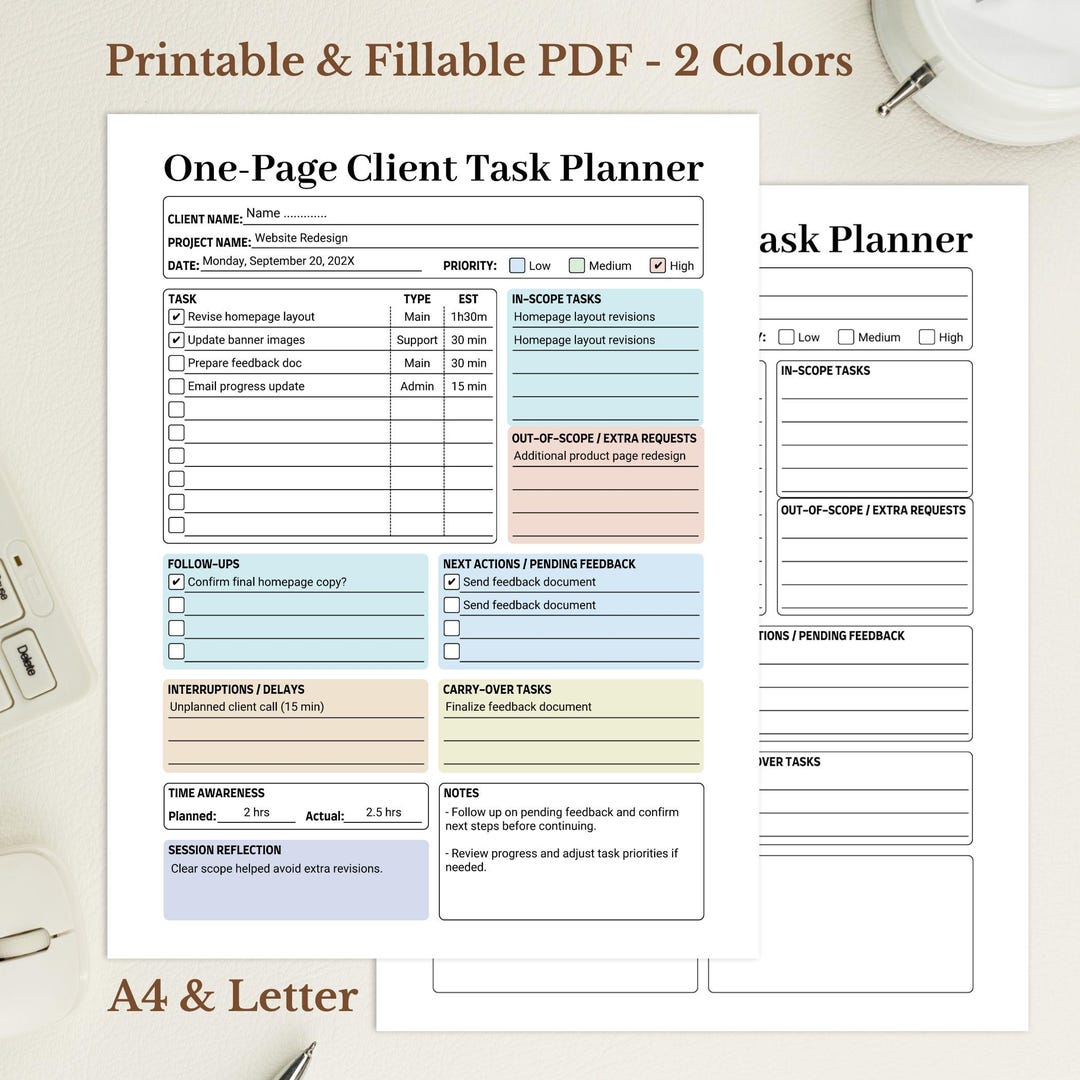 One-page Client Task Planner, Freelance Workflow Organizer, Service ...