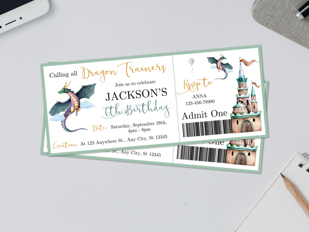 Dragon Birthday Ticket Invitation Template, Dragon Ticket, Dragon ...