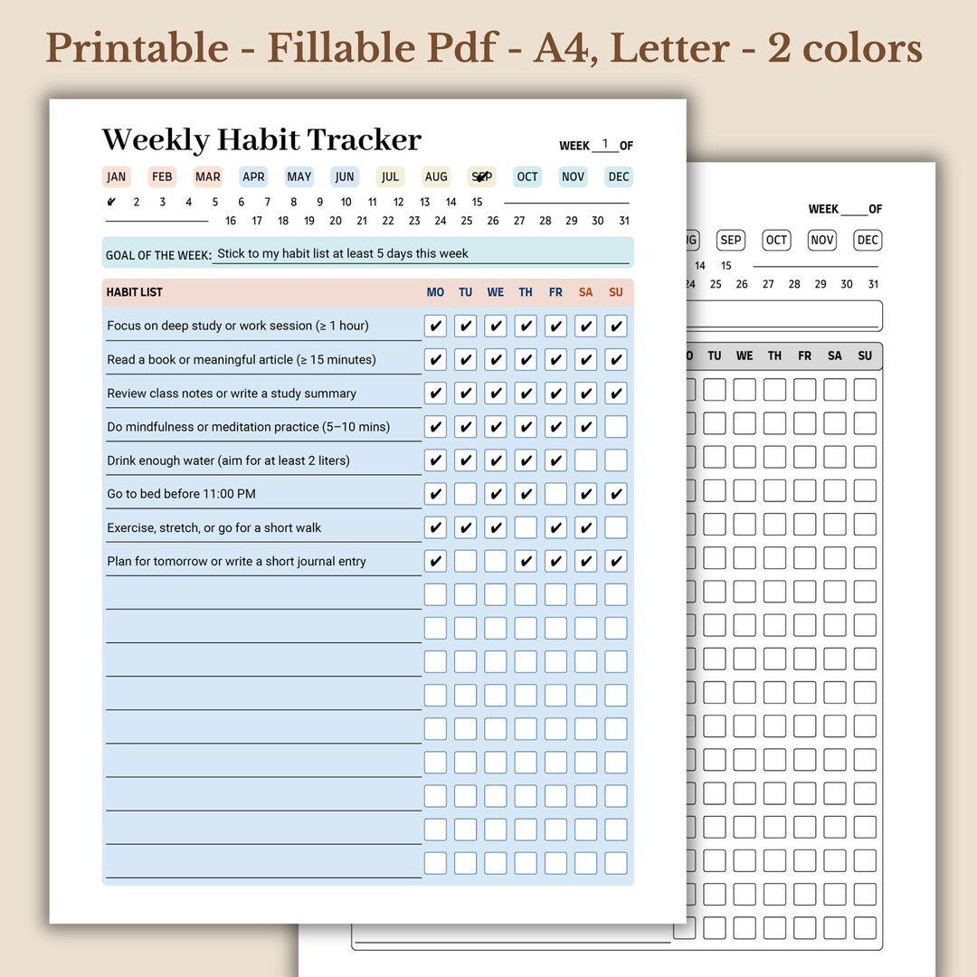 Weekly Habit Tracker Printable: Fillable PDF Checklist (A4, Letter) - Etsy