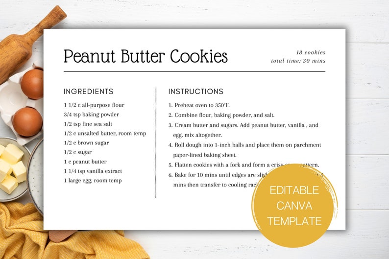 Simple Recipe Card | Editable Recipe Card Template | Minimalist Recipe ...