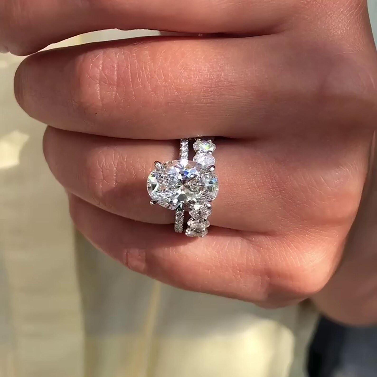 Oval Cut Engagement Ring Set Solid 14k White Gold Oval Moissanite ...