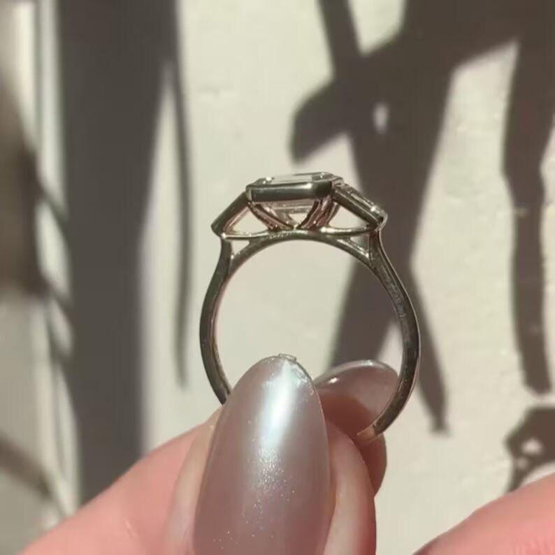 Emerald Cut Moissanite Engagement Ring Bezel Set 14k Solid Yellow Gold ...