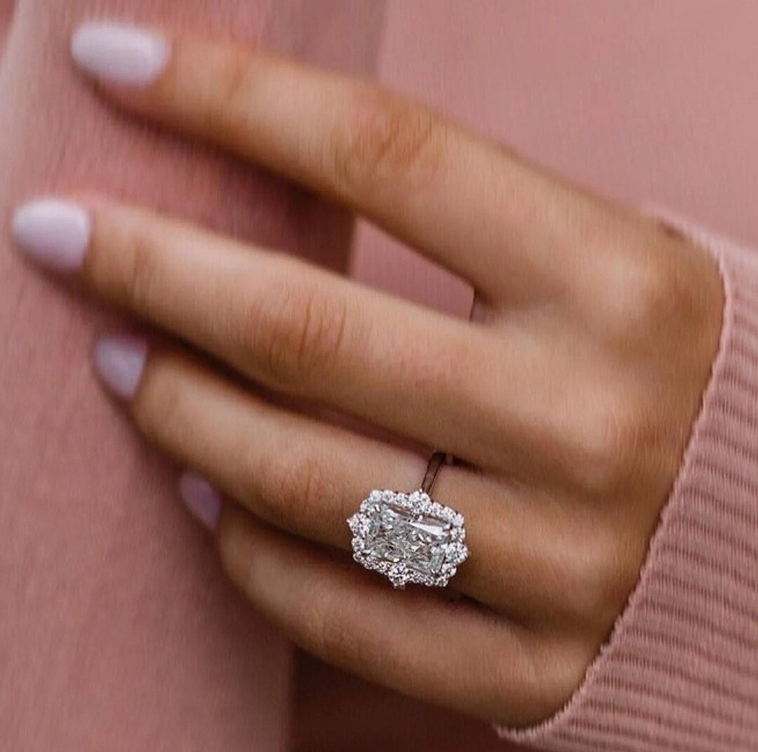 14K White Gold Wedding Ring Radiant Cut Moissanite Engagement Ring Halo ...