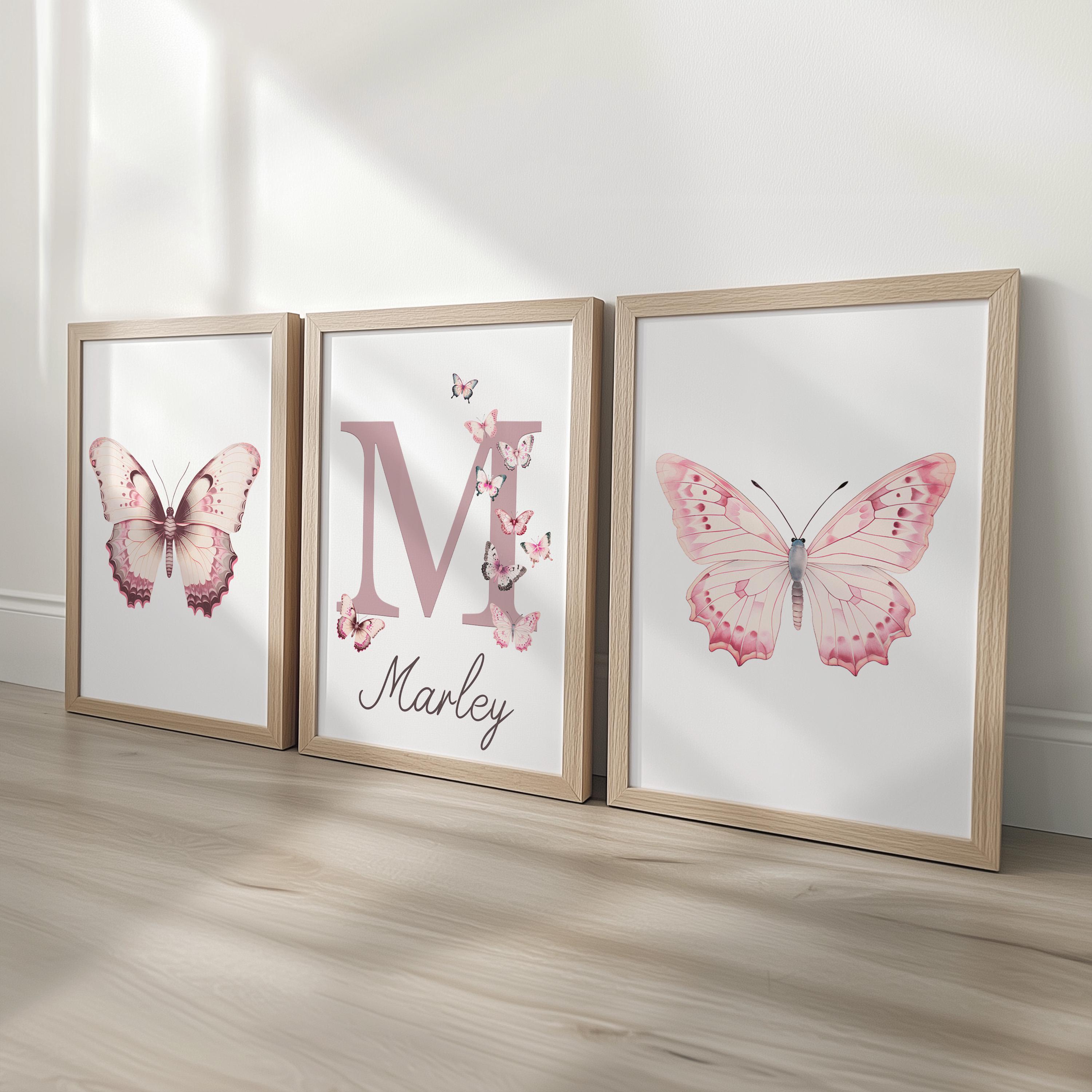 Personalised Pink Butterflies Set of 3 Nursery Wall Art for Baby Girls ...