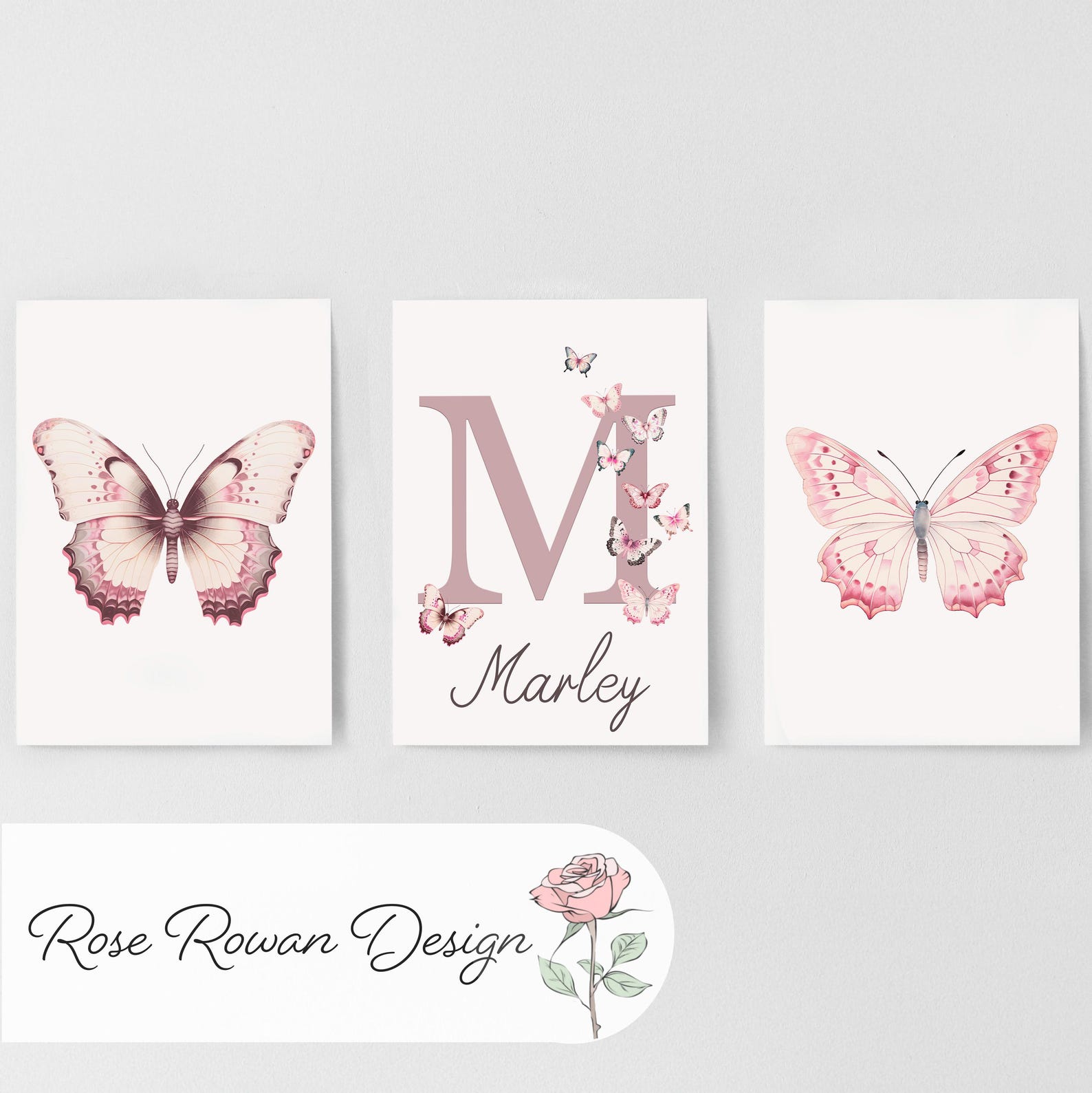 Personalised Pink Butterflies Set of 3 Nursery Wall Art for Baby Girls ...