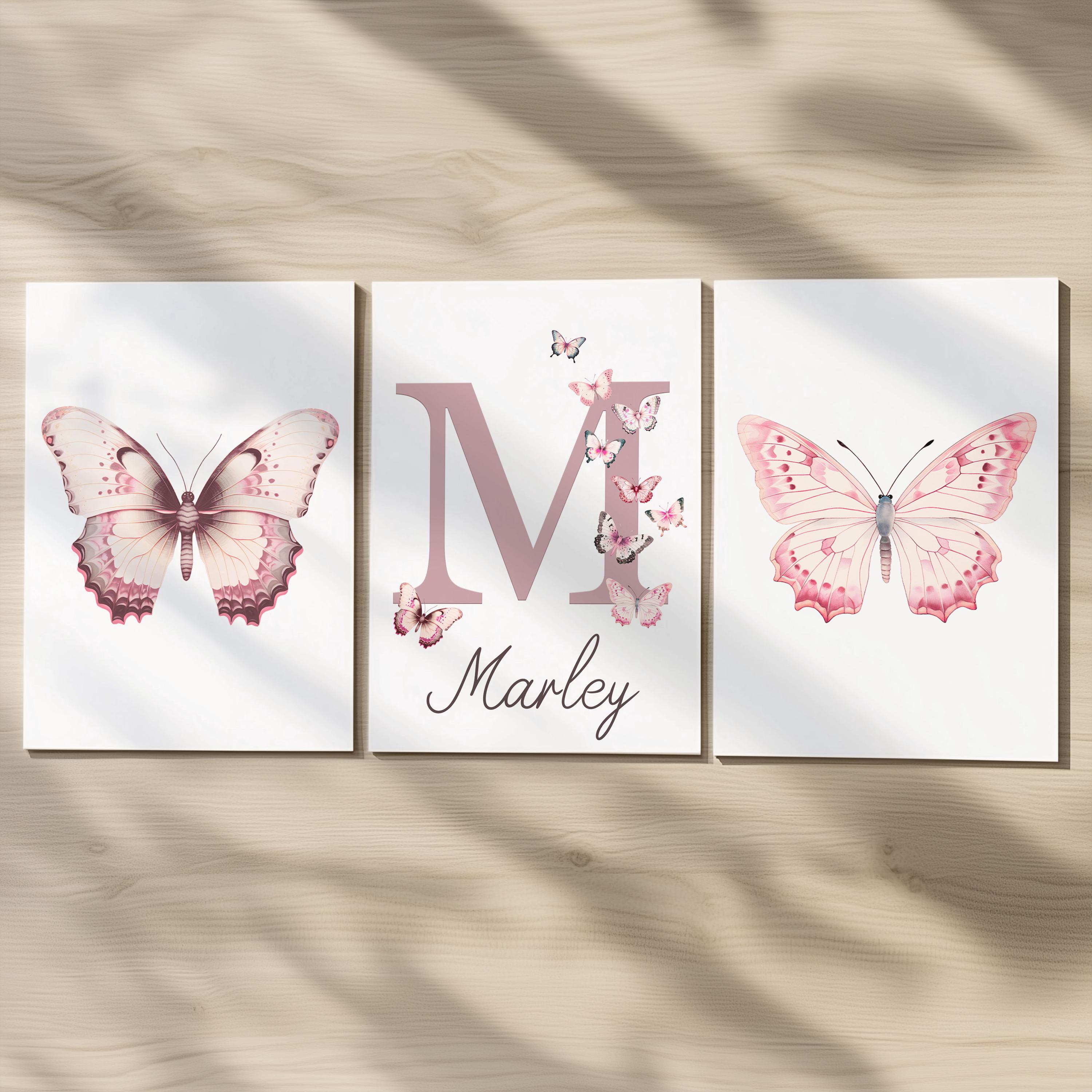 Personalised Pink Butterflies Set of 3 Nursery Wall Art for Baby Girls ...