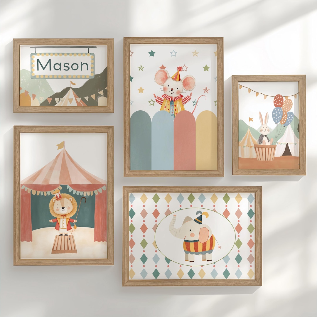 Circus Nursery Gallery Wall Set, Personalised Animal Prints Optional ...