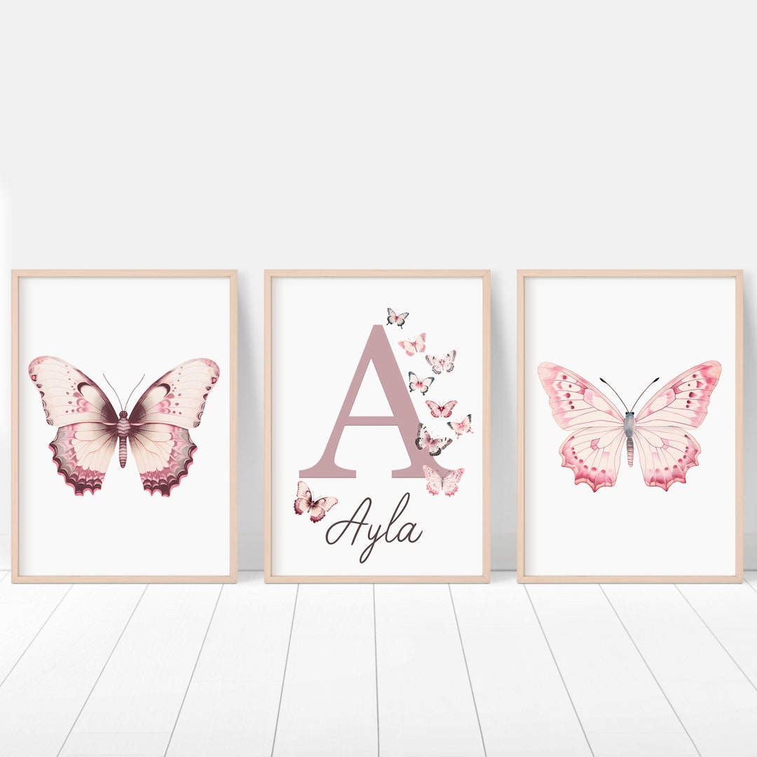 Personalised Pink Butterflies Set of 3 Nursery Wall Art for Baby Girls ...