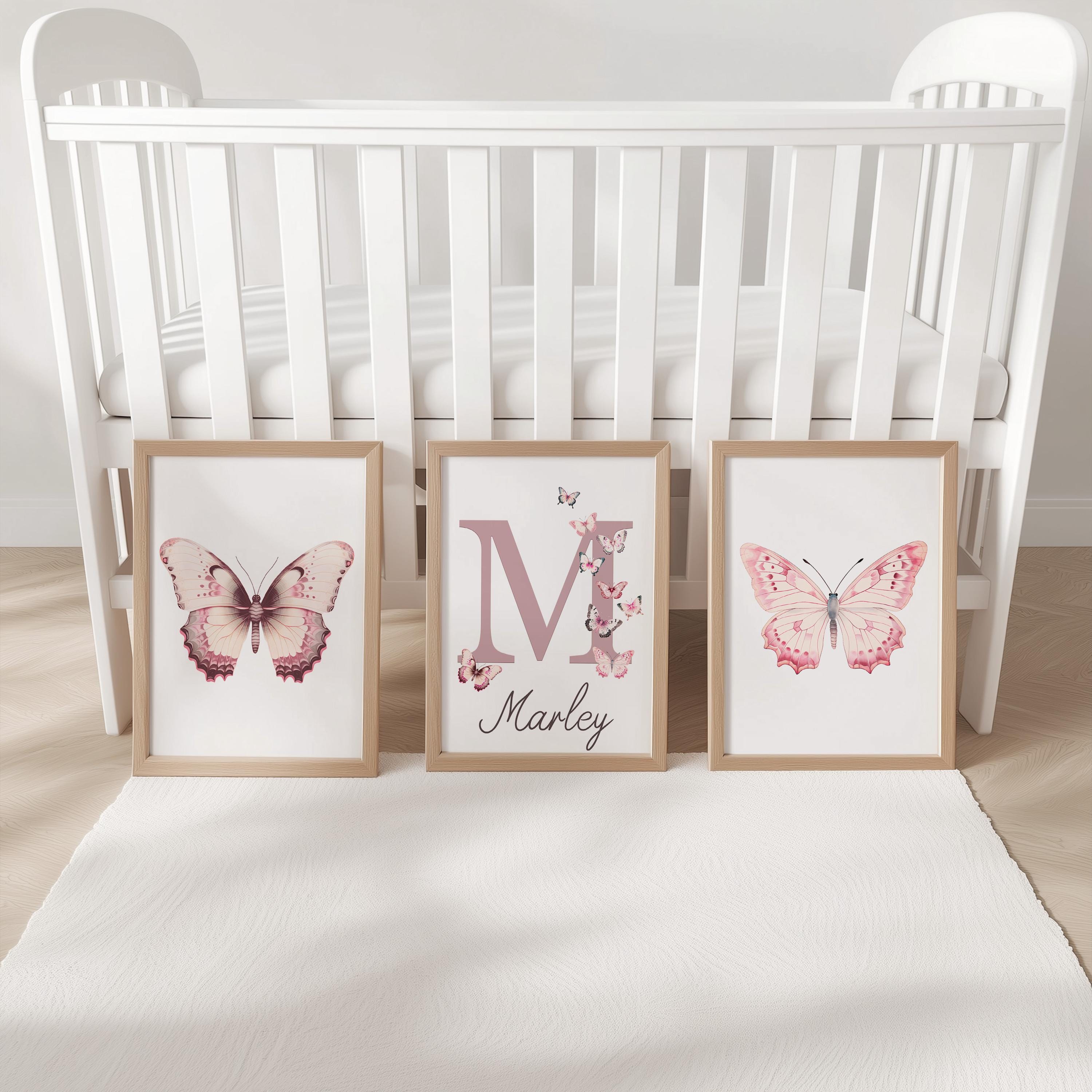 Personalised Pink Butterflies Set of 3 Nursery Wall Art for Baby Girls ...