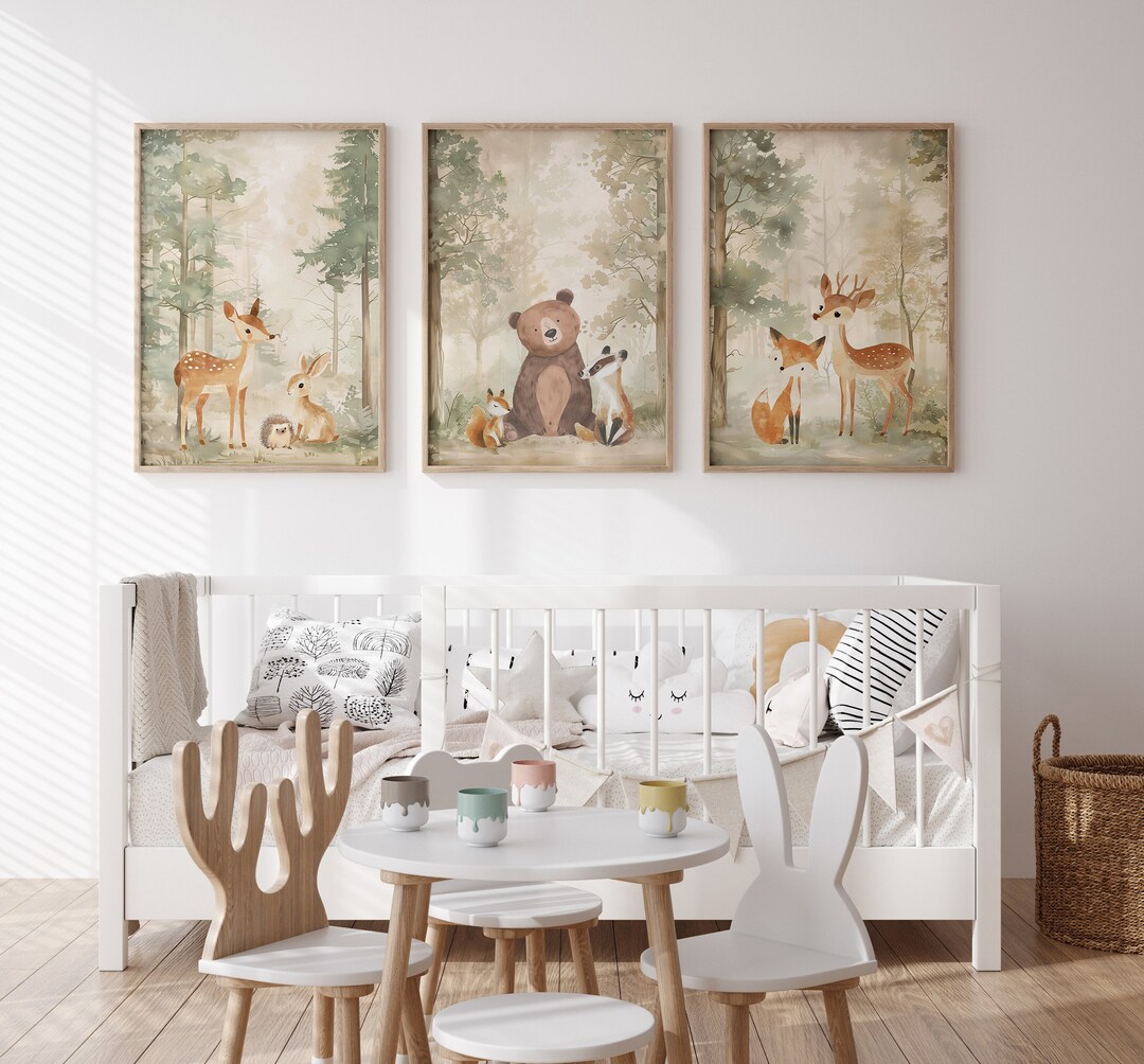 Set of 3 Woodland Animal Nursery Prints, Neutral Beige & Green Kids ...