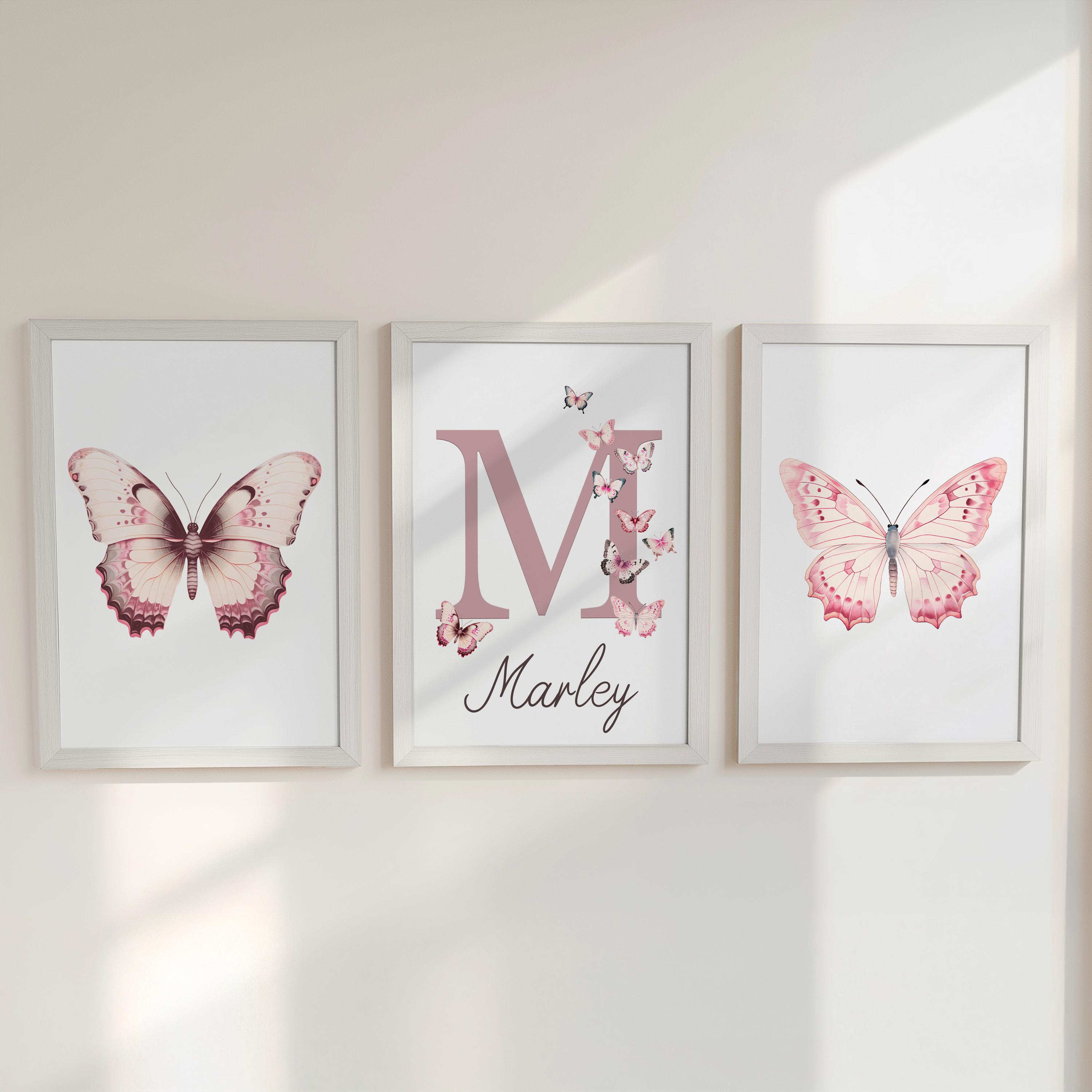 Personalised Pink Butterflies Set of 3 Nursery Wall Art for Baby Girls ...