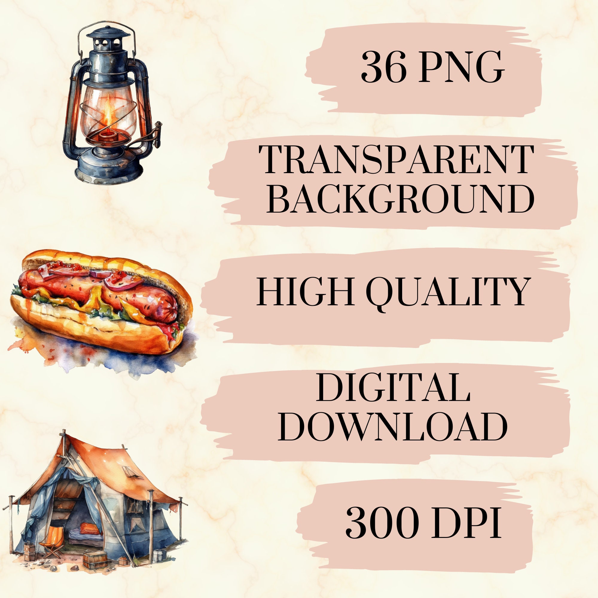 36 Camping Watercolor Clipart - Summer Camping PNG Set, Hiking PNG ...