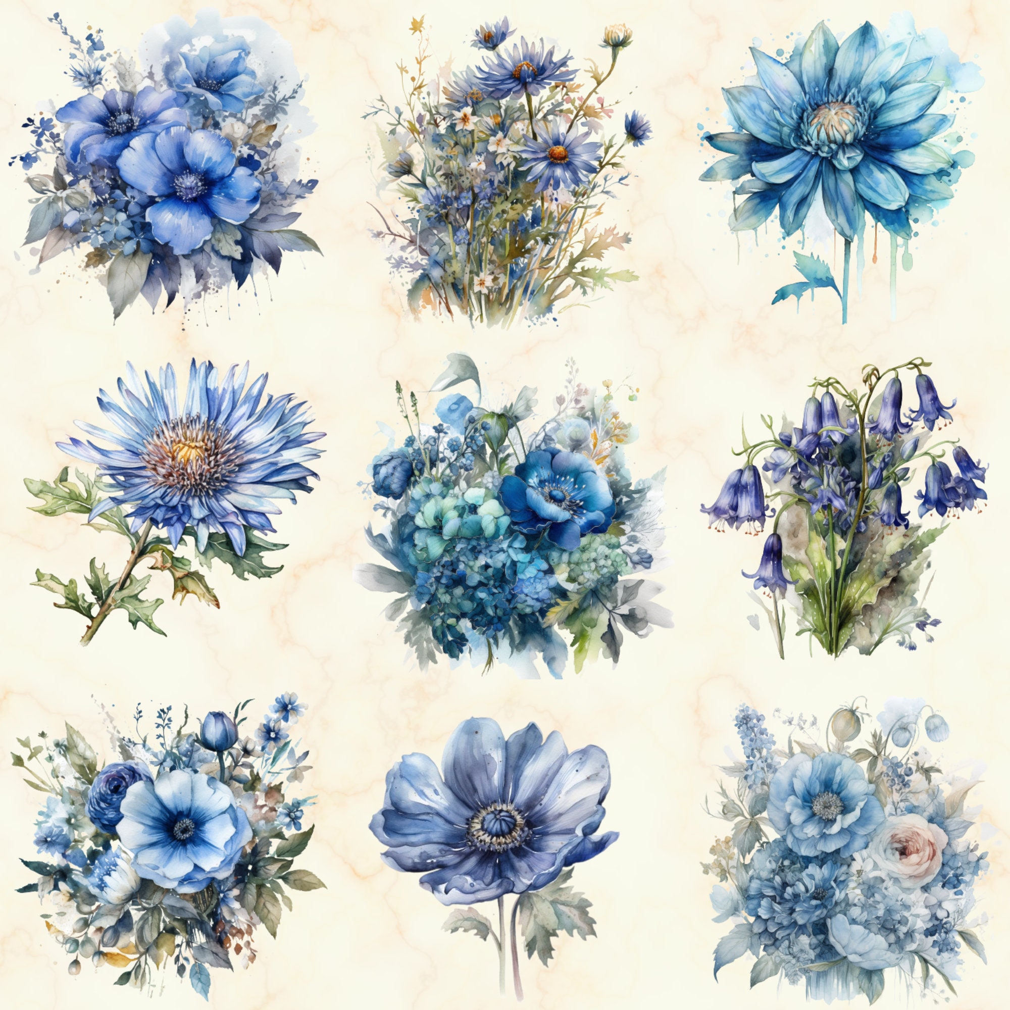 27 PNG Watercolor Blue Flowers Clipart Pretty Floral PNG Set ...