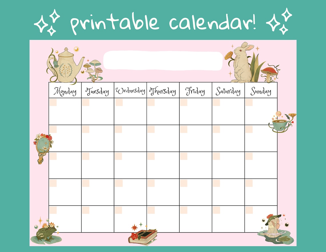 Magical Cottagecore Open Printable Monthly Calendar Planner, Digital ...