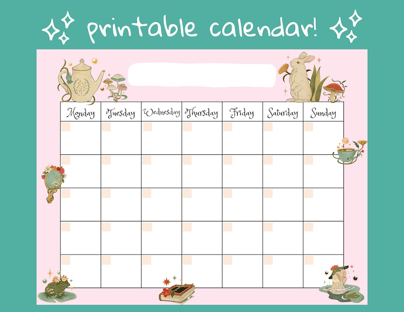 Magical Cottagecore Open Printable Monthly Calendar Planner, Digital ...