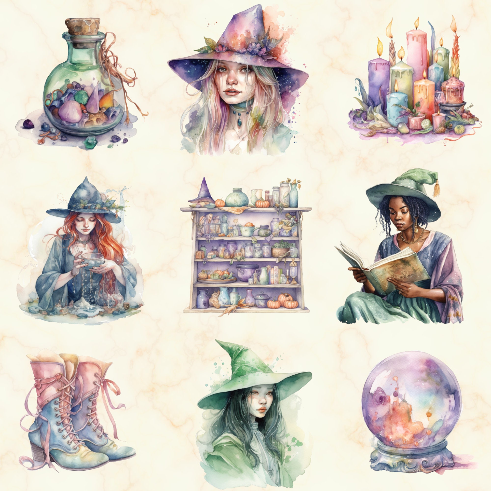 45 PNG Watercolor Pastel Witch Clipart Pretty Colorful Witchy PNG Set ...